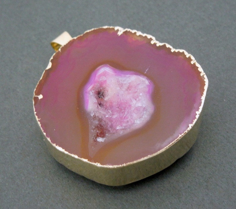 Hot Pink Geode Half Druzy Crystal Pendant -- Gold Electroplated Pendant ...