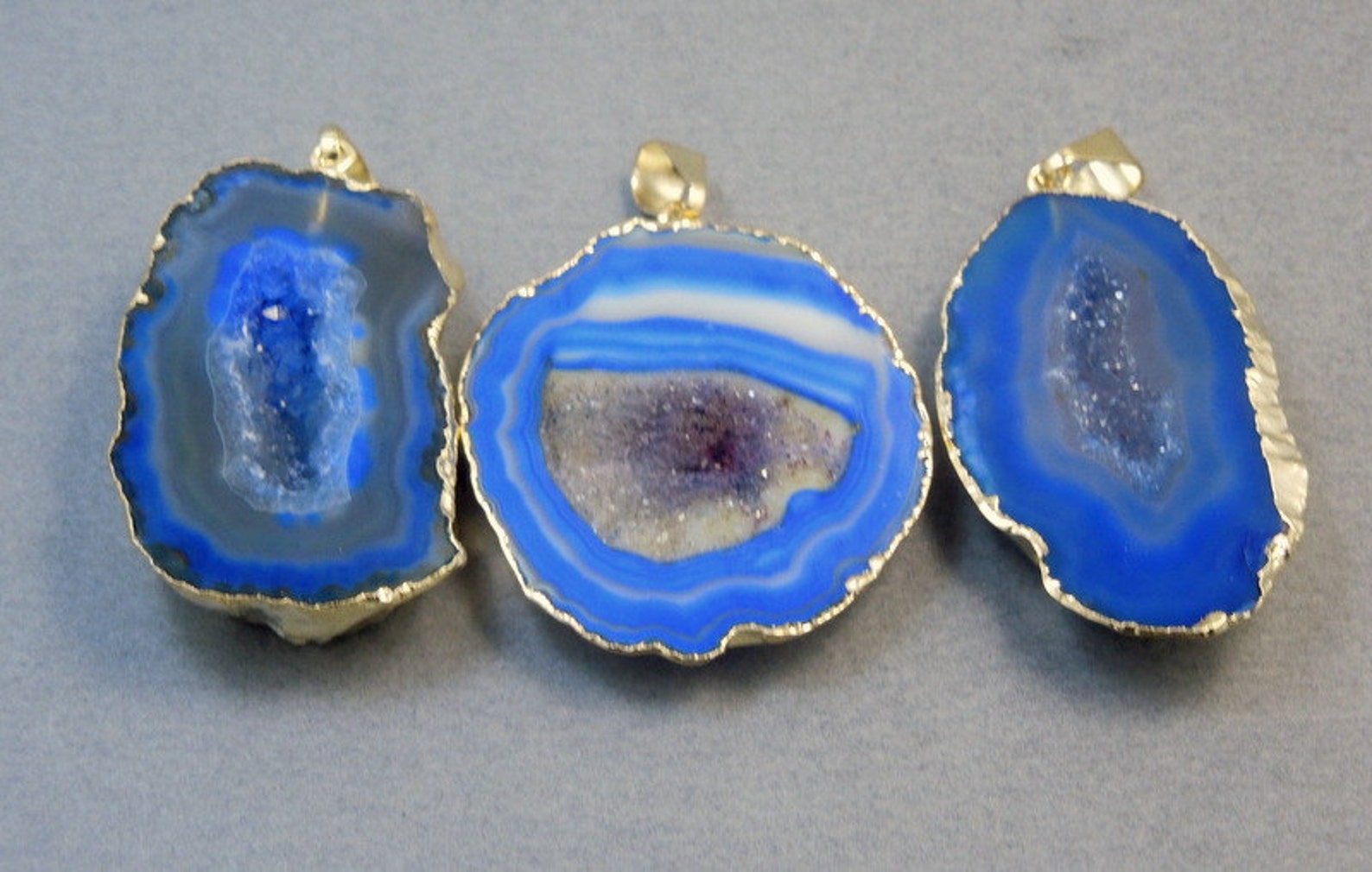 Light Blue Agate With Druzy Geode Pendant With Electroplated 24k Gold ...