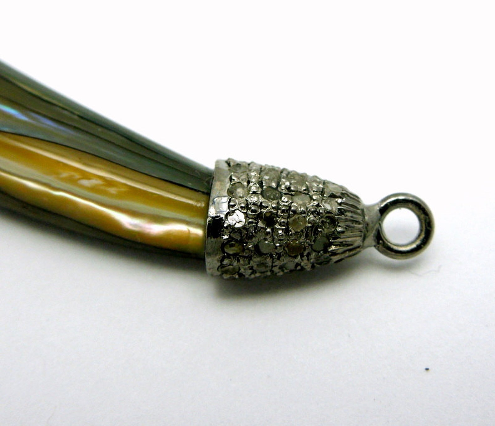 Pave Diamond Abalone Shell Sideways Horn Pendant With Oxidized Sterling ...