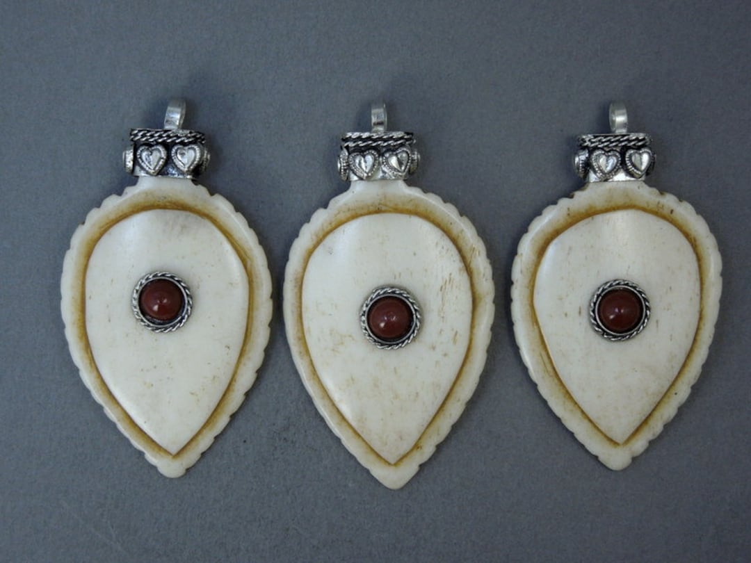 White Bone Tibetan Leaf Pendant- Leaf Pendant With Silver Toned Cap ...