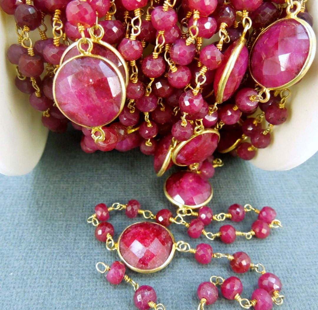 Ruby Rosary Style Beaded Chain With Ruby Connectors - Dyed Ruby Beads ...