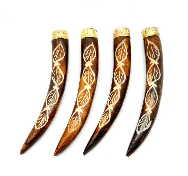 Large Brown Bone Horn Pendant With Leaf Engravings and Brass Cap (S58B2 ...