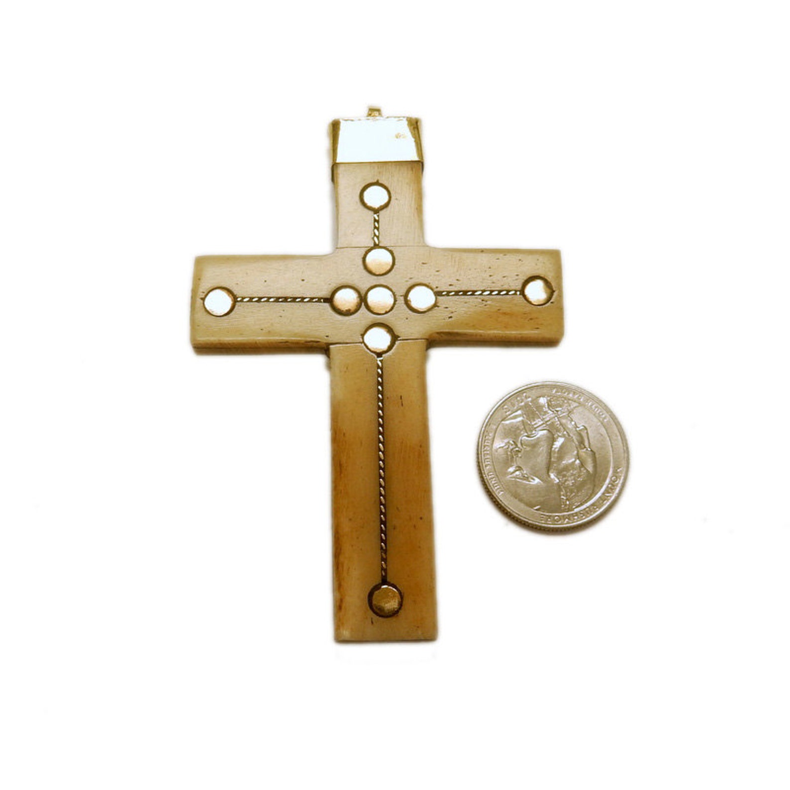 Large Bone Cross Pendant With Brass Dotted Accents and Brass - Etsy