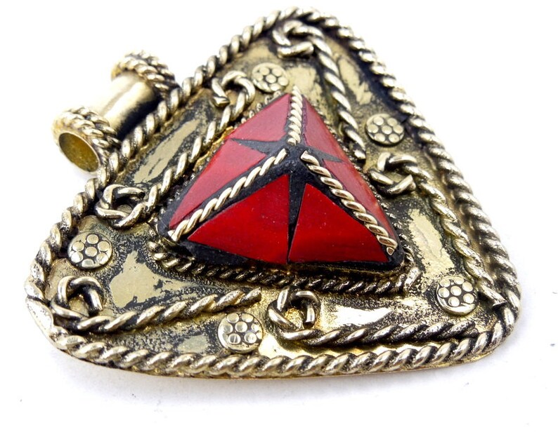 Tibetan Brass Pendant Brass Triangle Pendant With Red Coral - Etsy
