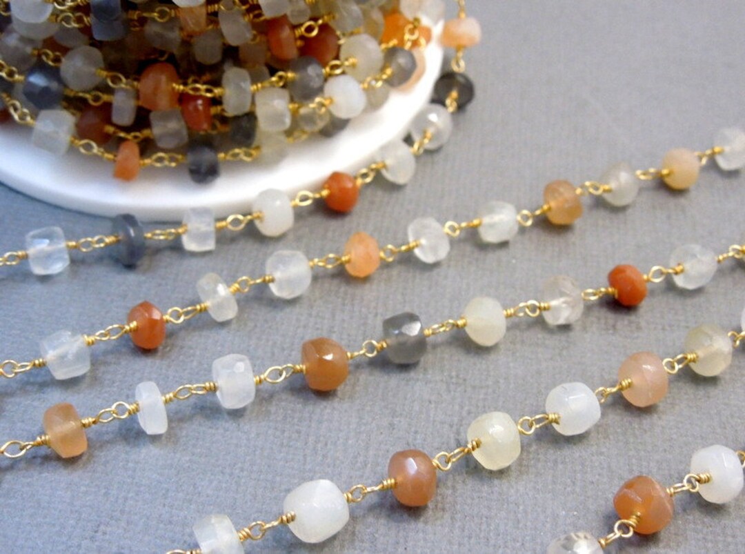 Moonstone Chain-- Multicolored Moonstone on Gold Plated Wired Wrapped ...