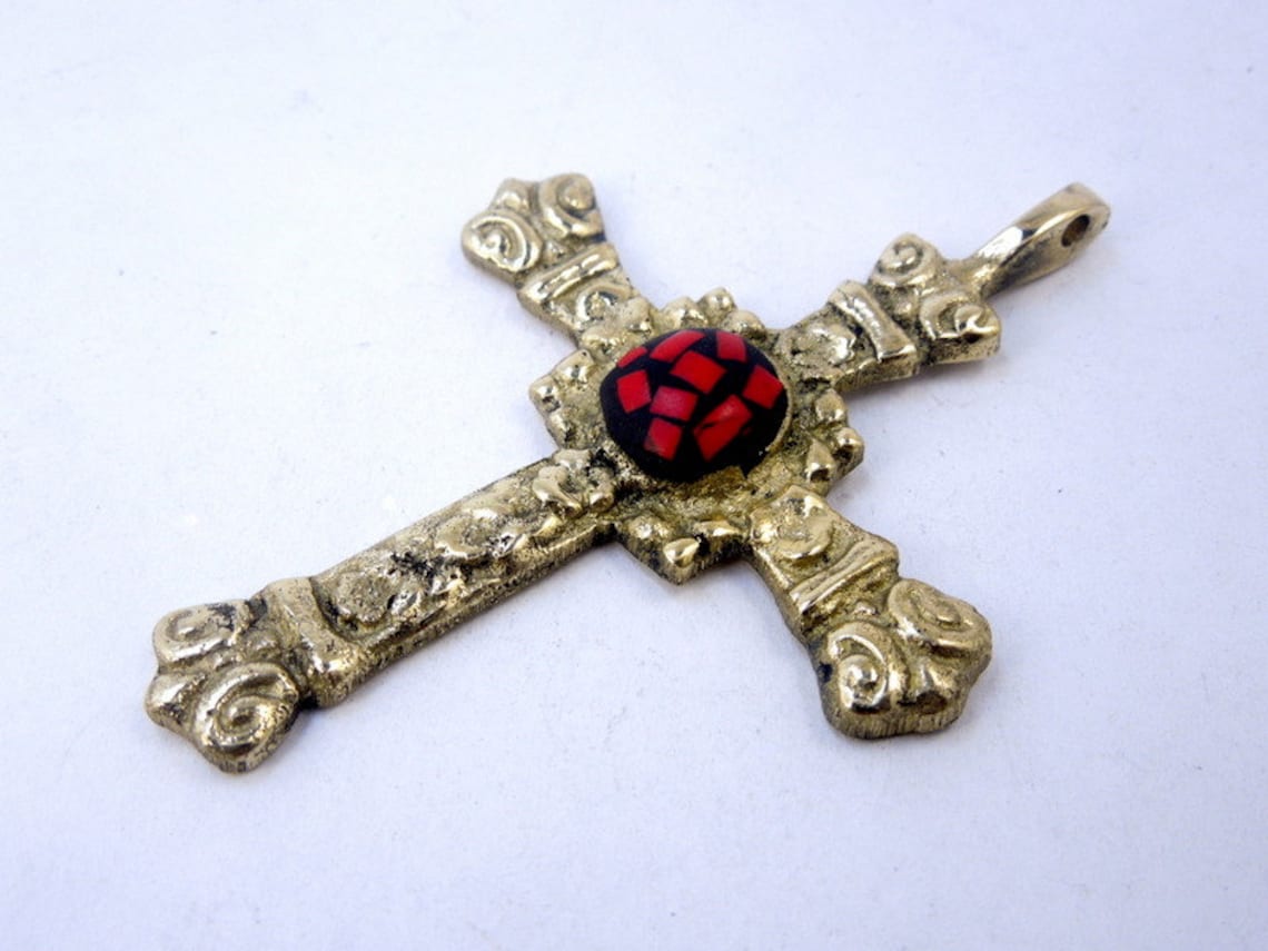 Large Brass Cross - Tibetan Cross - Cross With Dyed Red Coral Mosaic ...