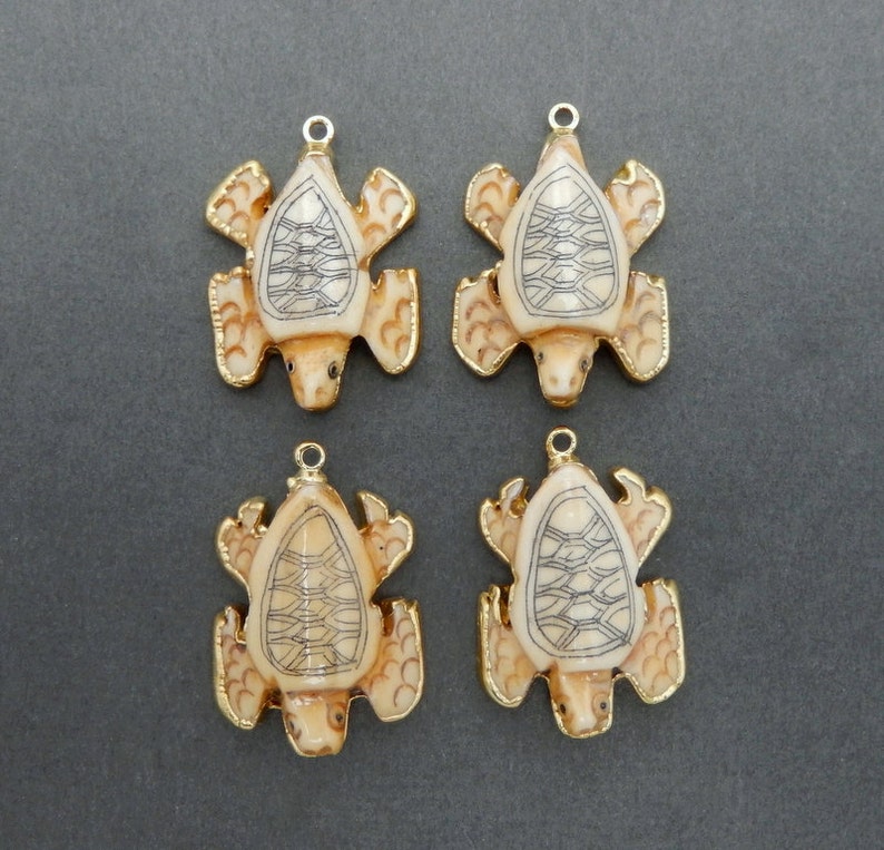Carved Bone Turtle Charm Pendant With 24K Gold Electroplated Edge and ...