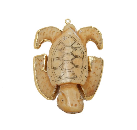 Tan Bone Carved Turtle Pendant and Electroplated 24k Gold Edge | Etsy