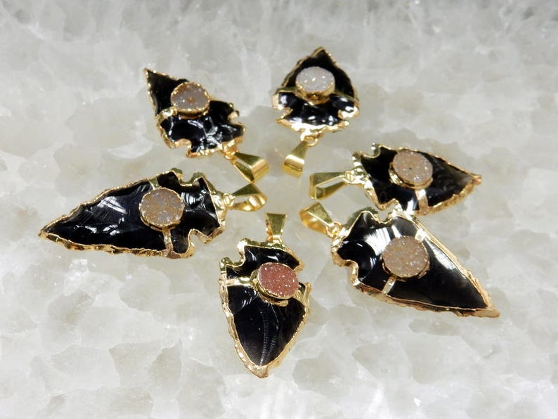 Black Obsidian Arrowhead Pendant With Druzy Accent and Electroplated ...