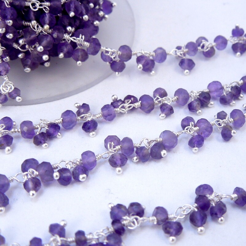 Amethyst Wire Wrapped Dangling Beaded Chain - Silver Plated Wire ...