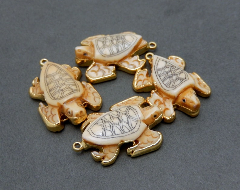 Carved Bone Turtle Charm Pendant With 24K Gold Electroplated Edge and ...