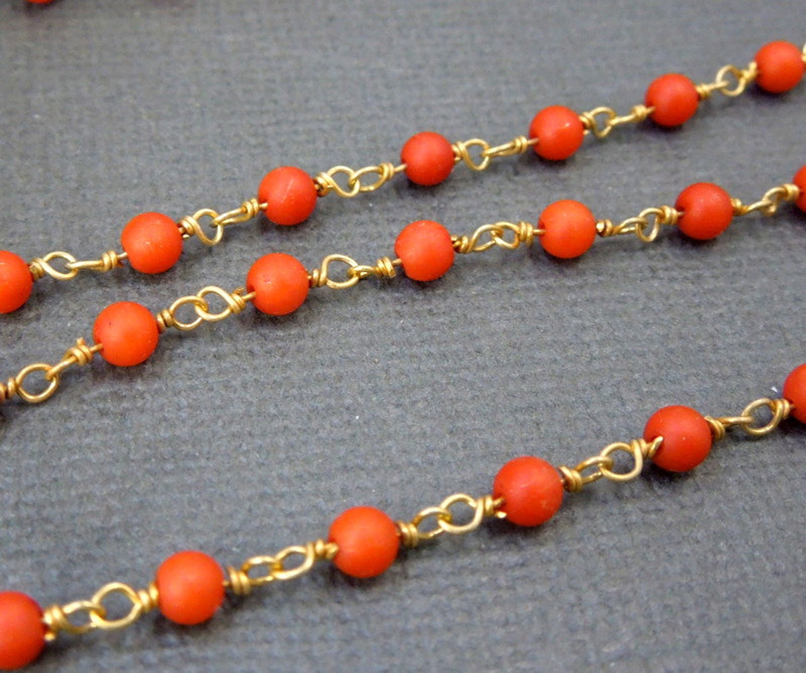 Red Coral Colored Beads on Gold Over Sterling Silver Wire Wrapped Chain ...
