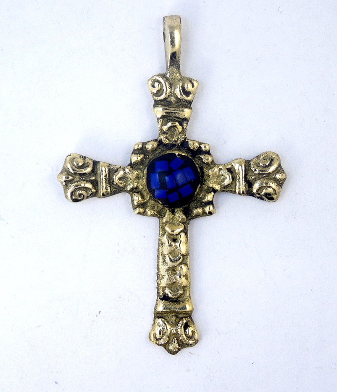 Large Brass Cross - Tibetan Cross - Cross With Lapis Lazuli Mosaic ...