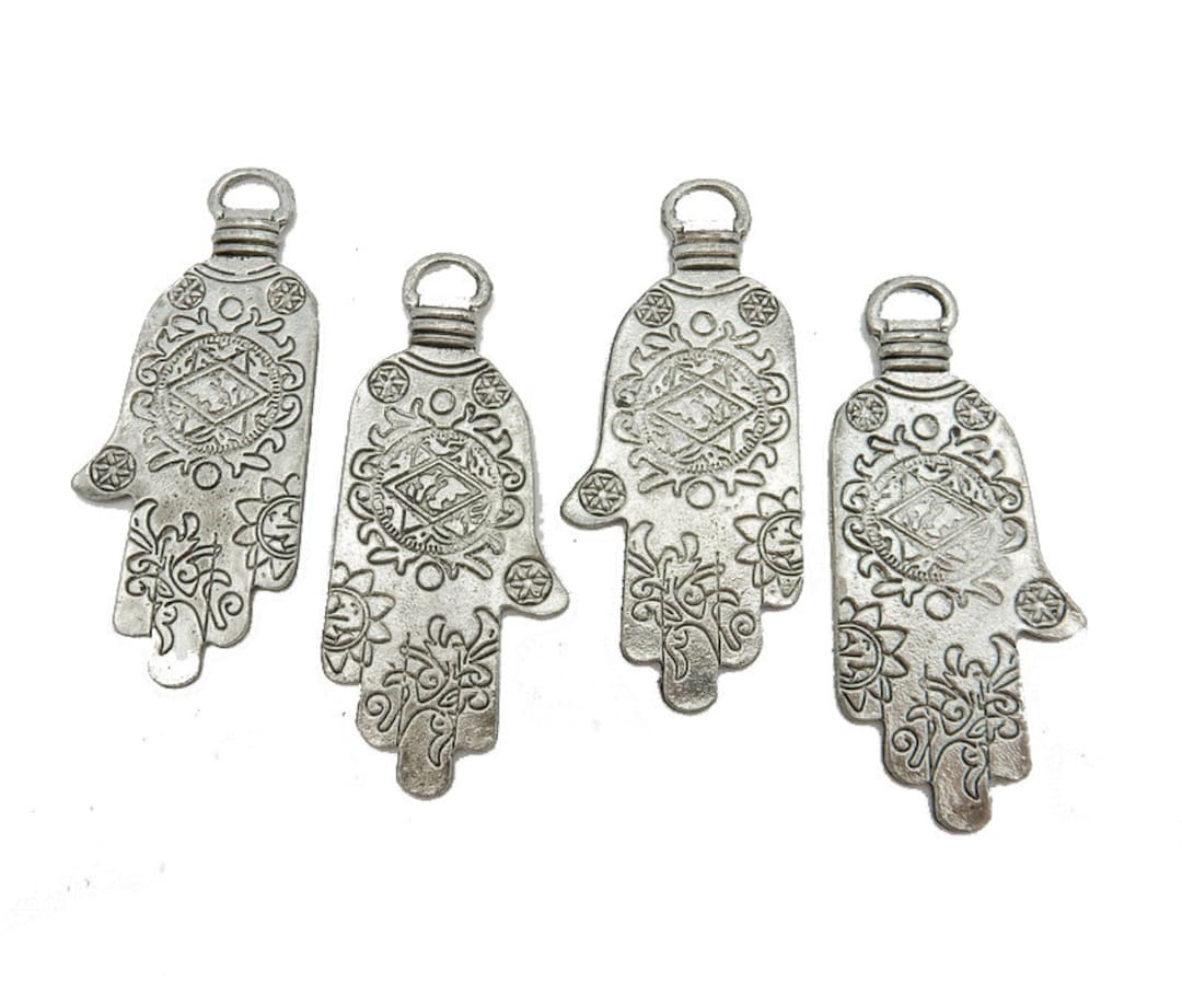 5pc Hamsa Pendant Silver Toned Brass Hamsa Hand With Intricate Designs ...