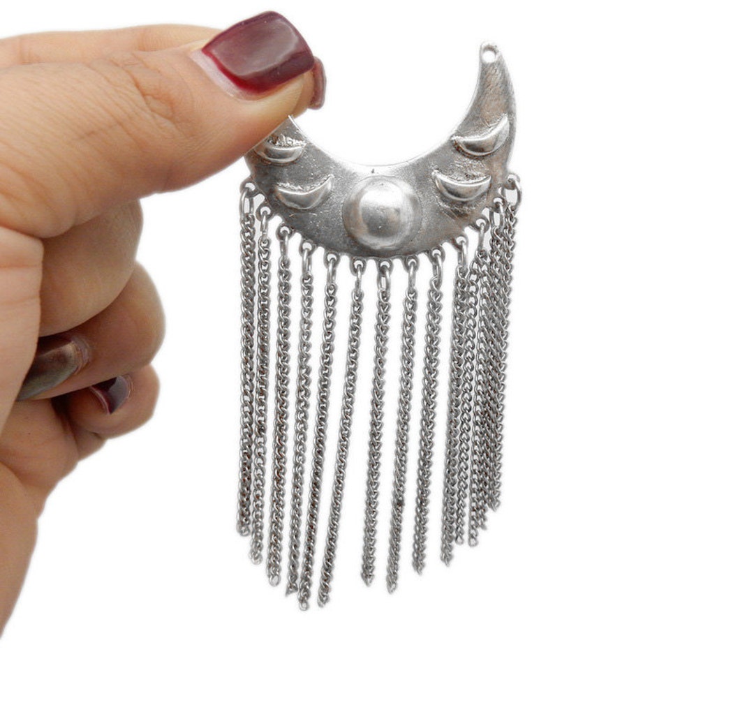 Large Silver Toned Brass Crescent Double Bail Pendant With Dangling ...