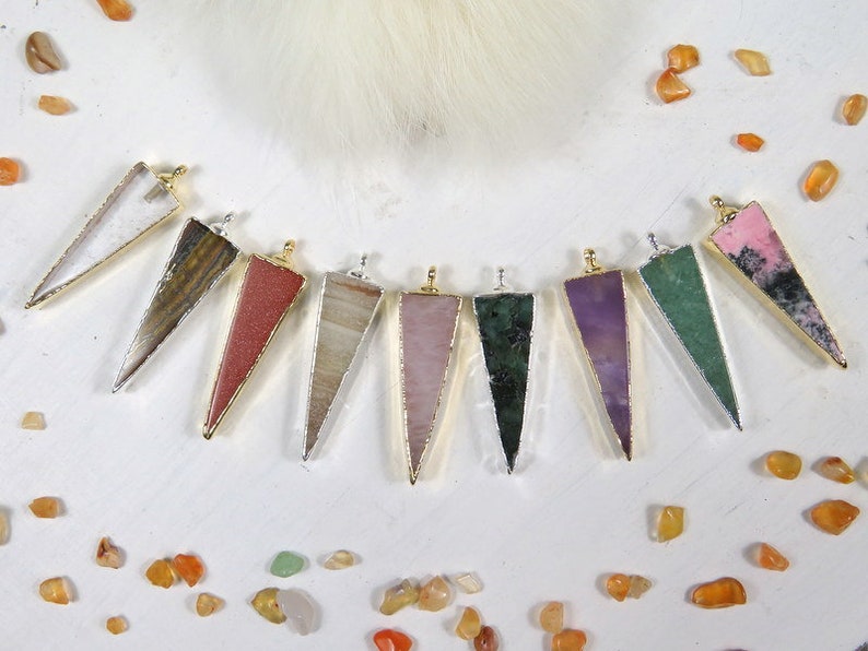 Gemstone Triangle Pendant With Electroplated 24k Gold or | Etsy