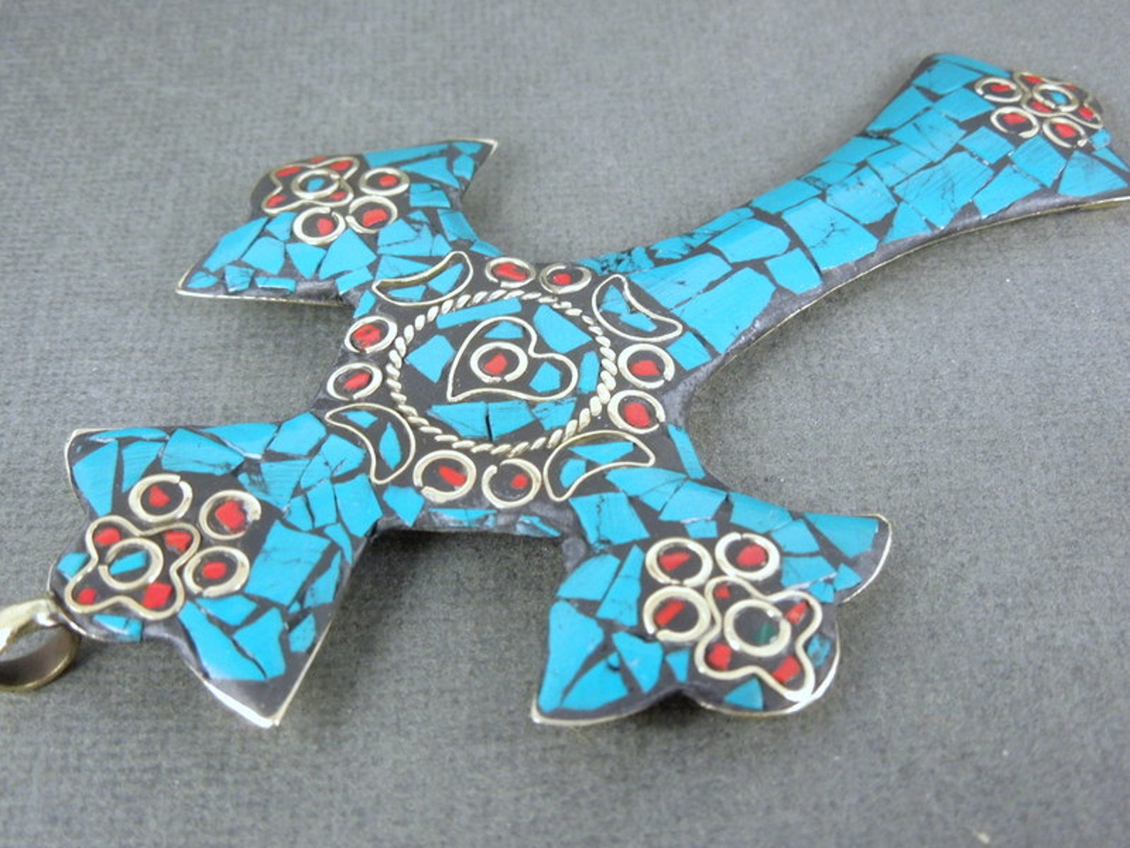 Large Brass Cross - Tibetan Cross - Cross With Turquoise, Red Coral and ...