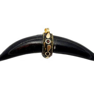 Black Bone Carved Sideways Horn Pendant With Brass Band and Red Coral ...