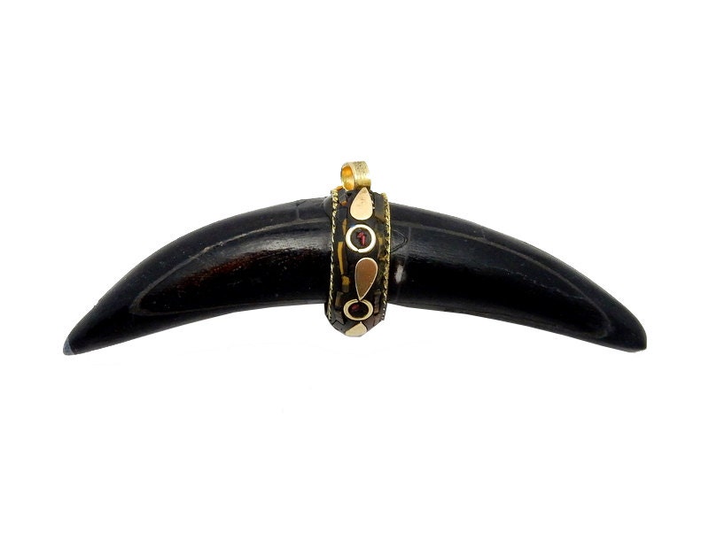 Black Bone Carved Sideways Horn Pendant With Brass Band and - Etsy