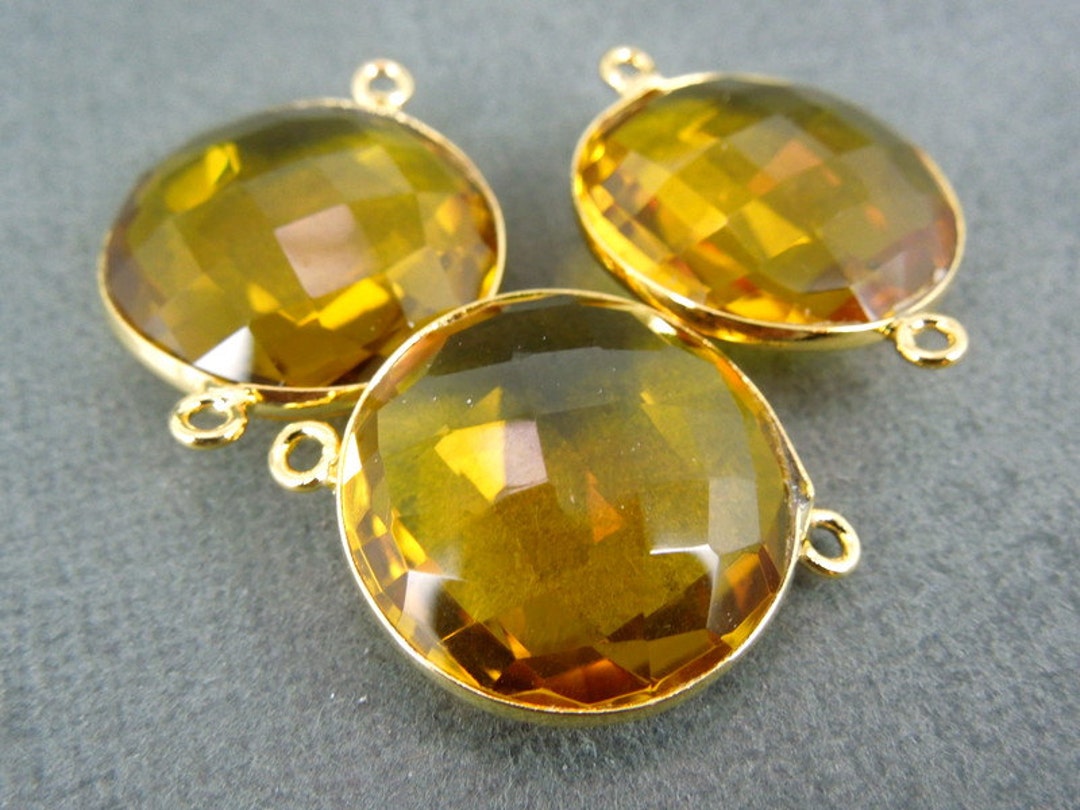 Citrine Round Station Connector- 21mm Gold Over Sterling Bezel Double ...