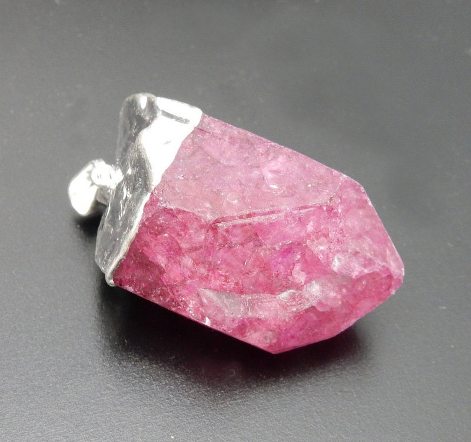 Large Hot Pink Crackle Quartz Point Pendant with Electroplated | Etsy