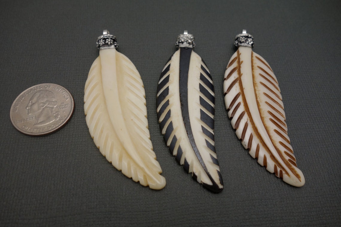 Bone Feather Pendant White Large Feather Pendant With Silver Plated Top ...