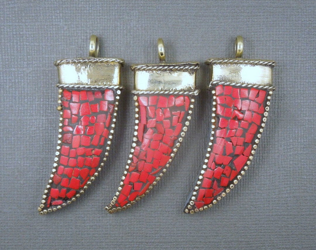 Red Coral Mosaic Horn With Brass Cap and Bail - (S77B3-03) - Etsy