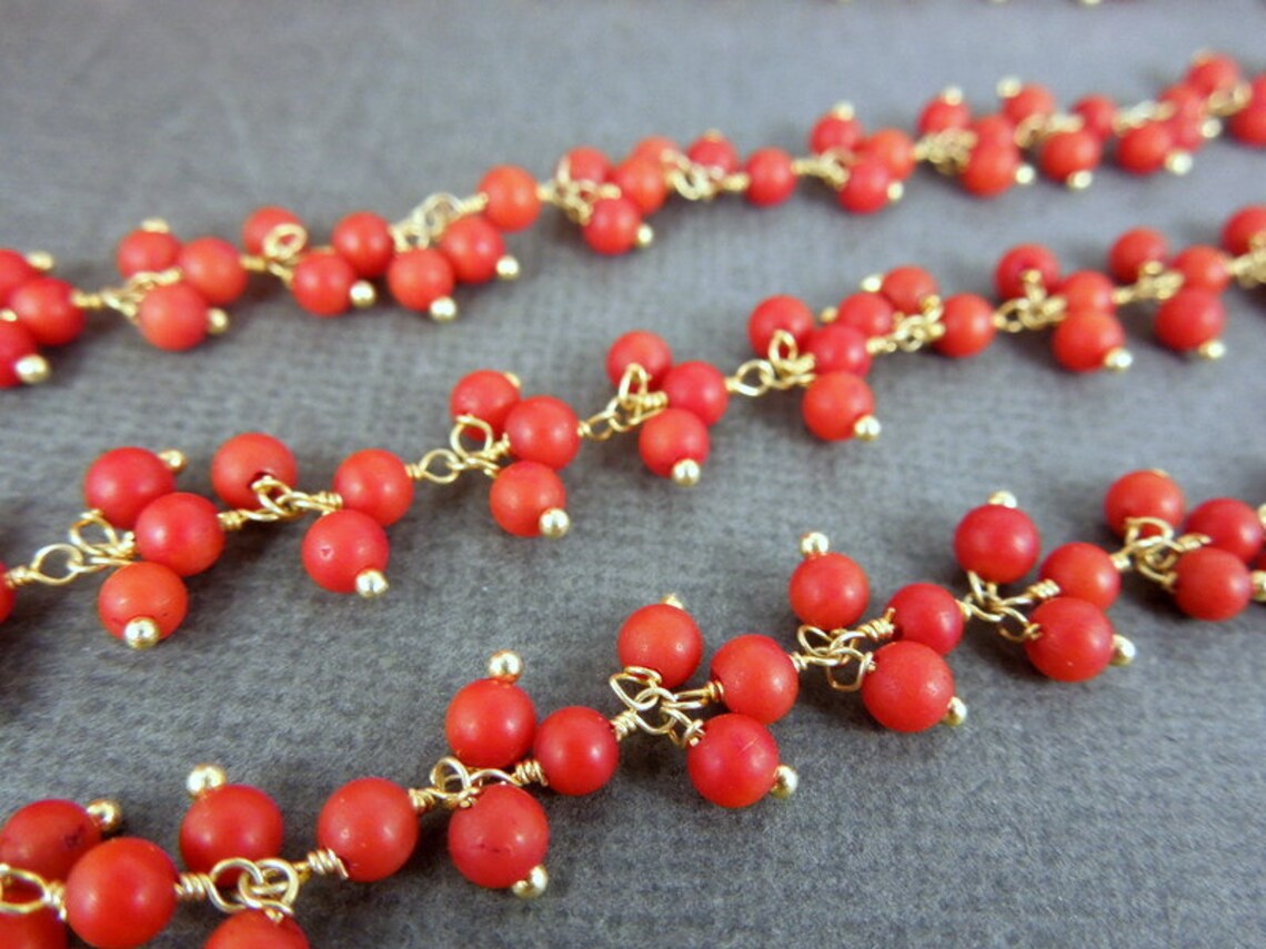 Red Coral Color Gold Wire Wrapped Chain 4mm Red Coral Dangle | Etsy