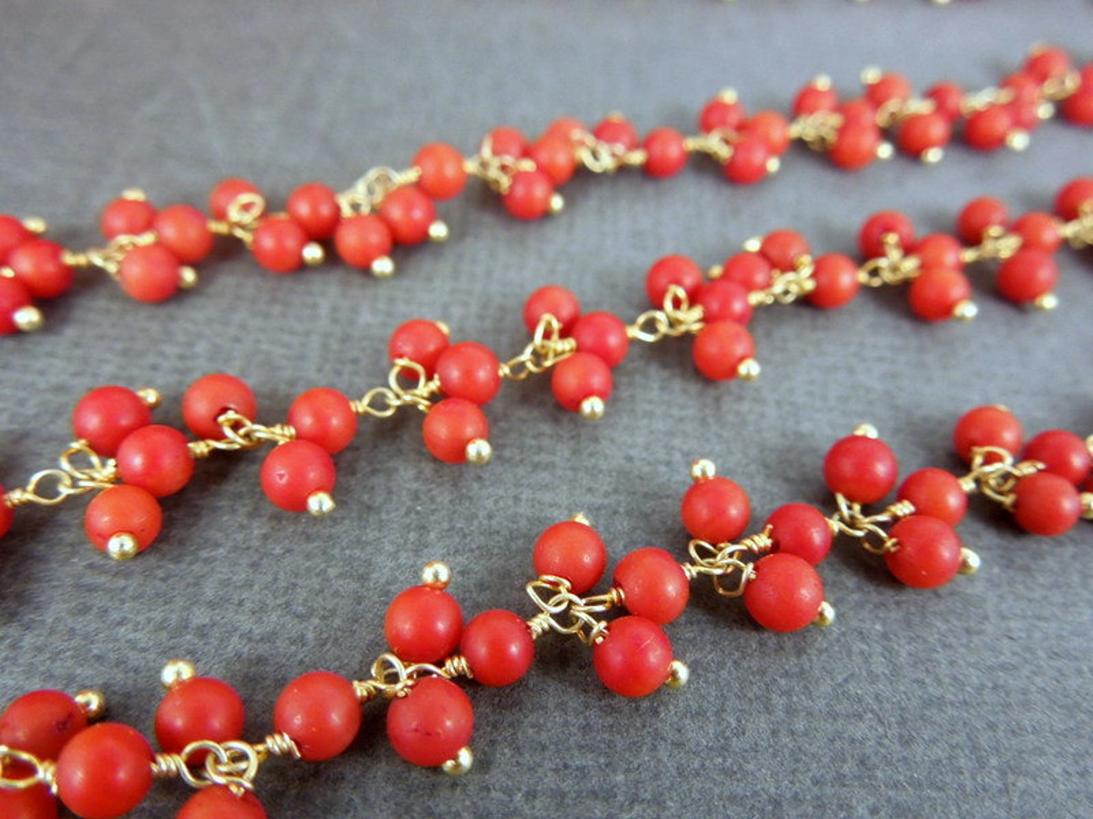 Red Coral Color Gold Wire Wrapped Chain-- 4mm Red Coral Dangle Chain ...
