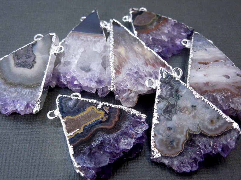 Amethyst Triangle Slice Silver Electroplated Edge and Double Bail ...