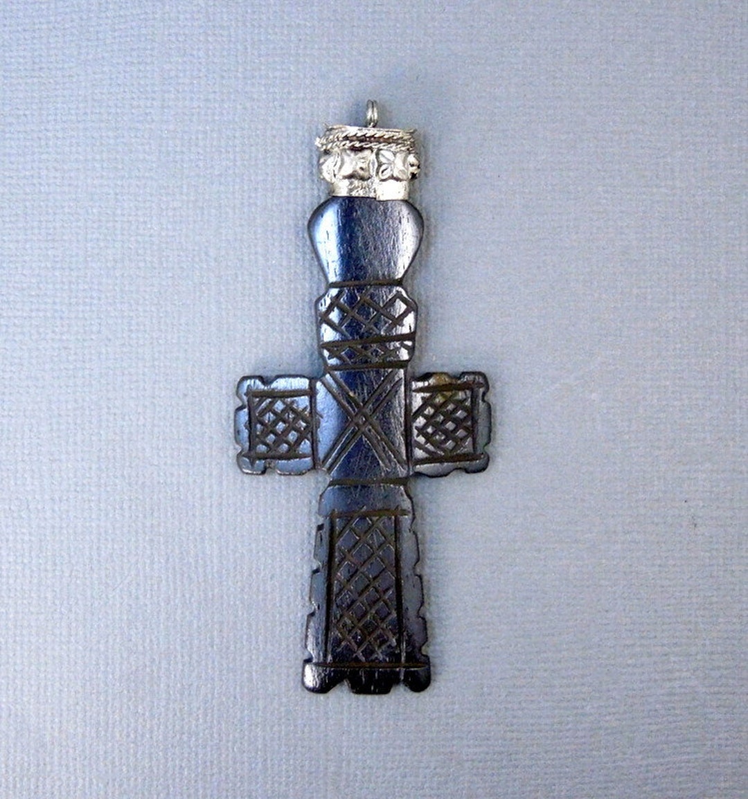 Cross Pendant-- Carved Bone Cross Pendant With Engraved Silver Toned ...