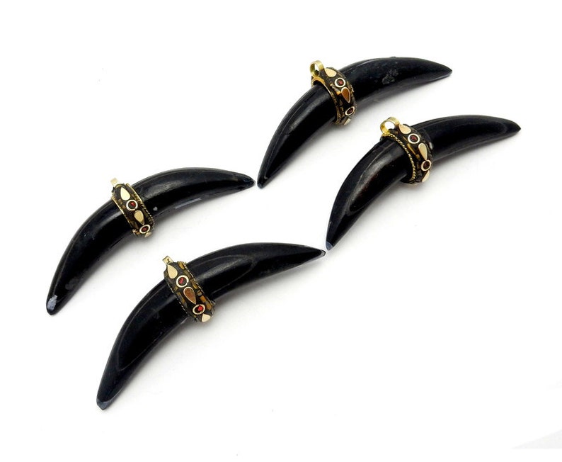 Black Bone Carved Sideways Horn Pendant With Brass Band and - Etsy