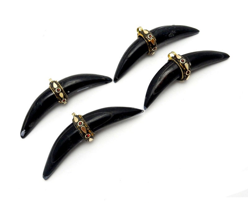 Black Bone Carved Sideways Horn Pendant With Brass Band and Red Coral ...