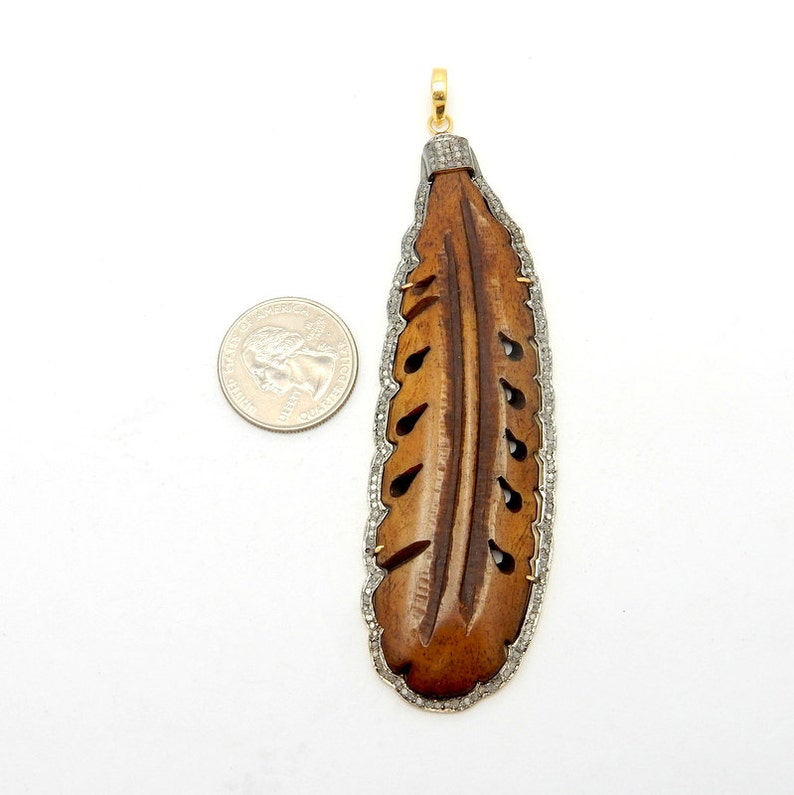 Pave Diamond Brown Bone Feather Pendant With Gold Over Oxidized ...