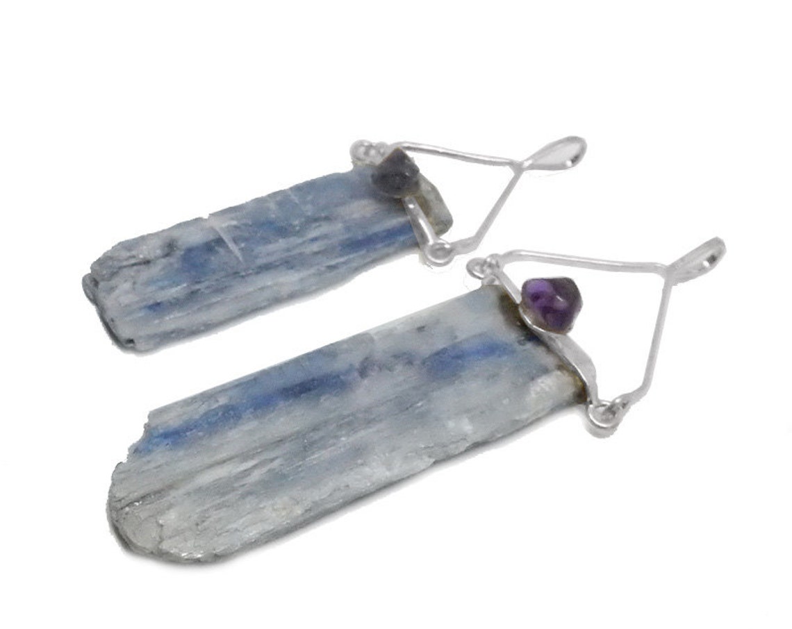 Blue Kyanite Slab With Amethyst Quartz Accent and Silver Plated Bail ...