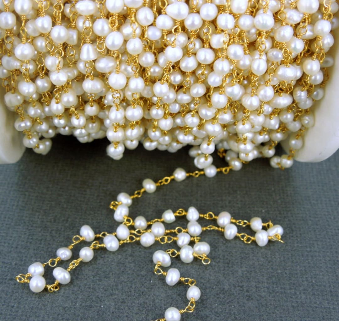 Pearl Wire Wrapped Beaded Gold Chain - Gold Vermeil Pearl Rosary Style ...
