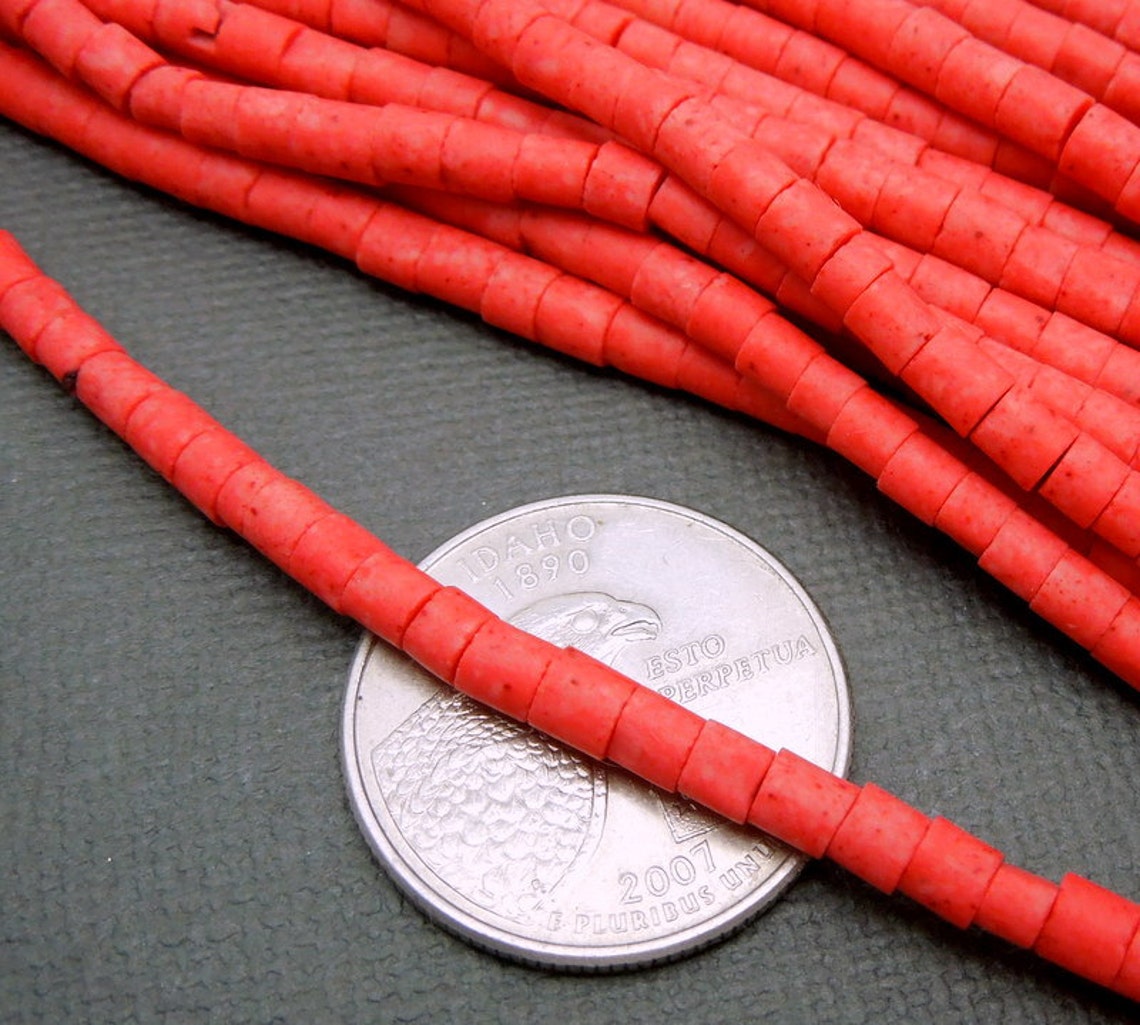Coral Color Beads-- Dyed Coral 4mm X 3mm Tube Heishi Beads -- 1 STRAND ...