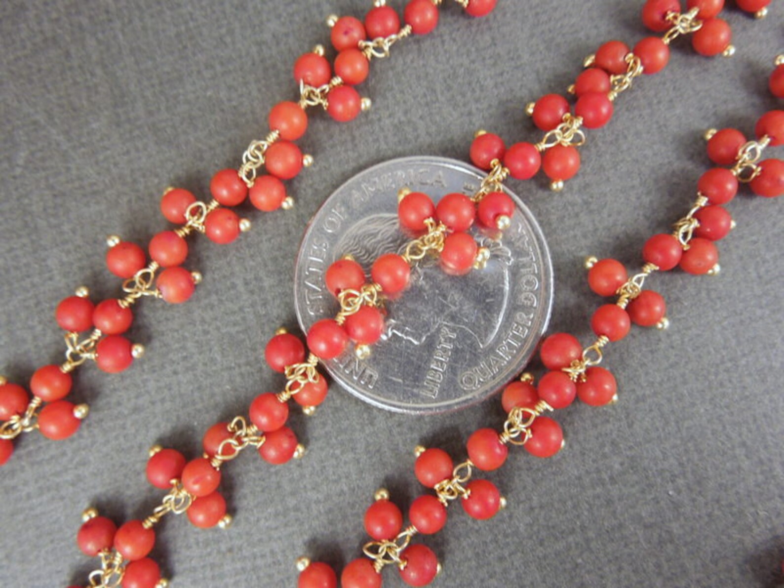 Red Coral Color Gold Wire Wrapped Chain 4mm Red Coral Dangle | Etsy