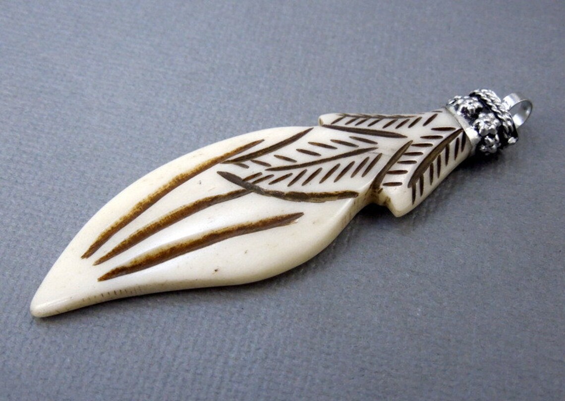 Bone Feather Pendant- Carved Bone Feather Pendant With Silver Toned ...