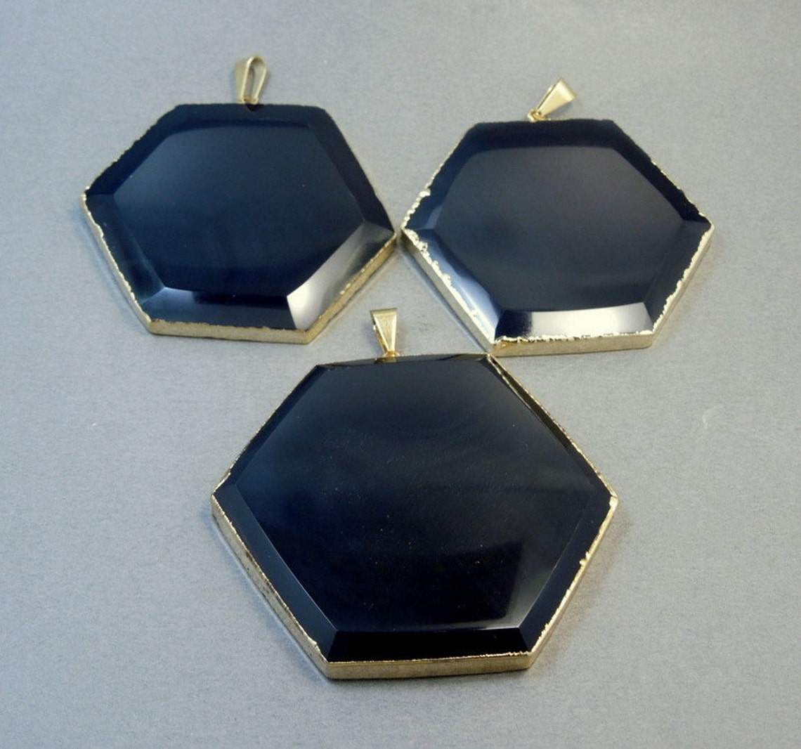 Large Black Agate Hexagon Pendant With 24k Gold Electroplated Edges ...
