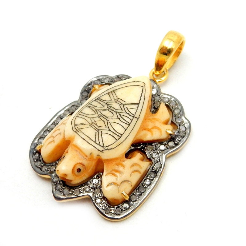 Brown Bone Turtle in a Gold Over Oxidized Sterling Silver and Pave ...