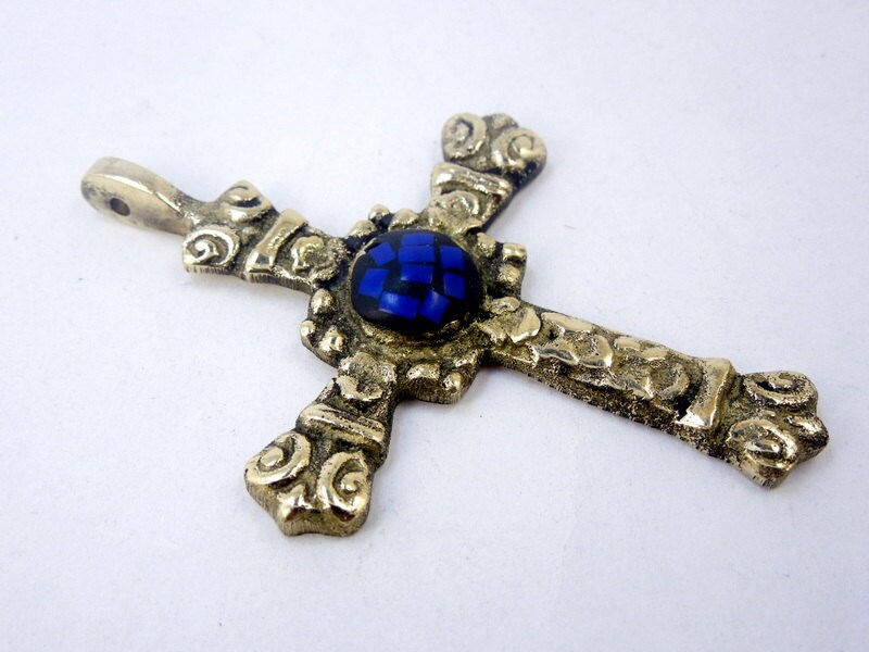 Large Brass Cross - Tibetan Cross - Cross With Lapis Lazuli Mosaic ...