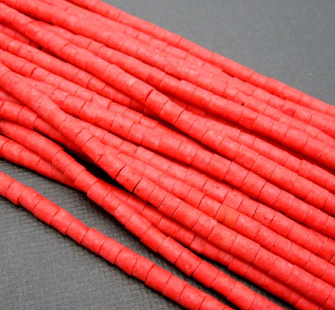 Coral Color Beads-- Dyed Coral 4mm X 3mm Tube Heishi Beads -- 1 STRAND ...
