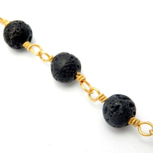 Round Lava Rock Rosary Beaded Chain Gold Plated Wire Wrapped Chain ...