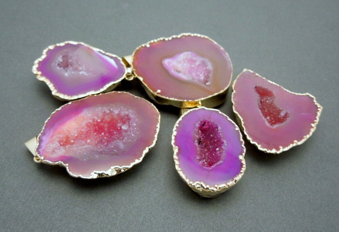 Hot Pink Geode Half Druzy Crystal Pendant -- Gold Electroplated Pendant ...