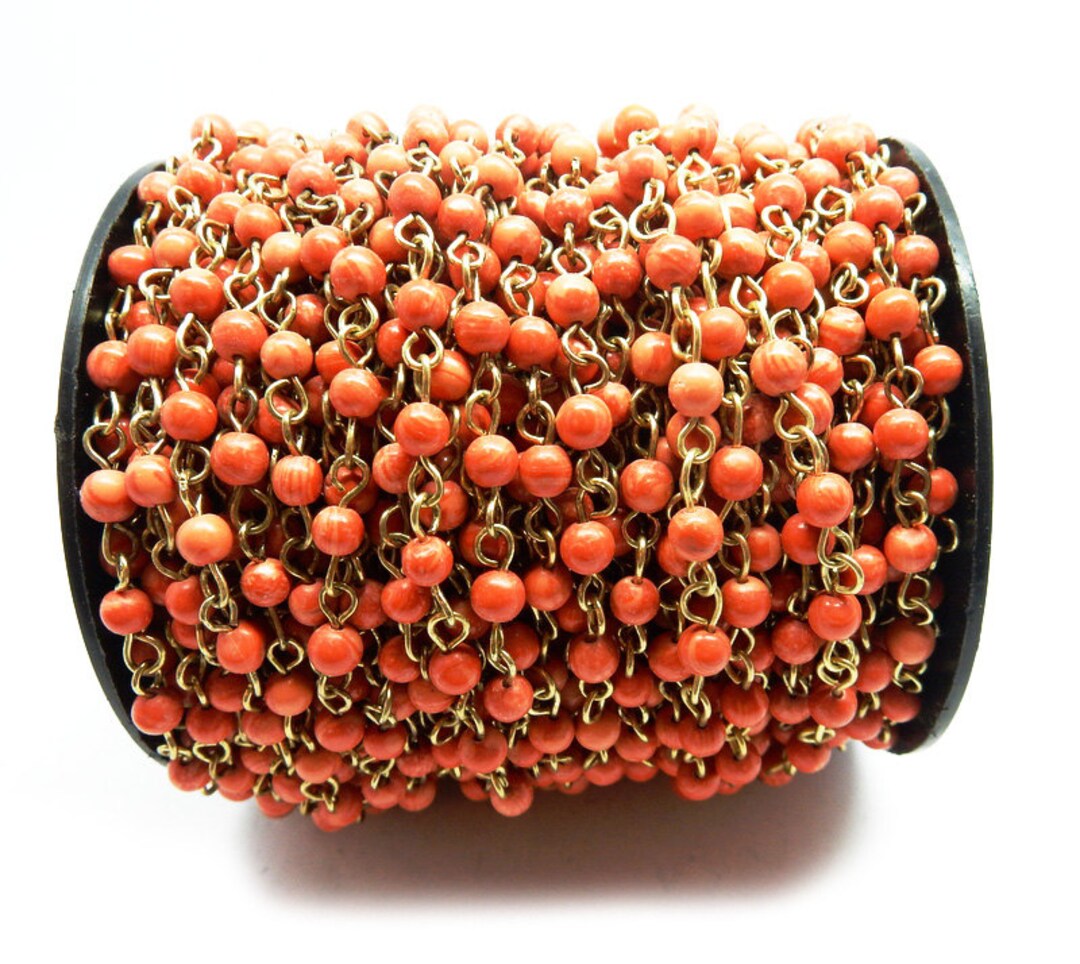 Red Coral Colored Round Chain -- Antique Gold Toned Wire Wrapped Glass ...