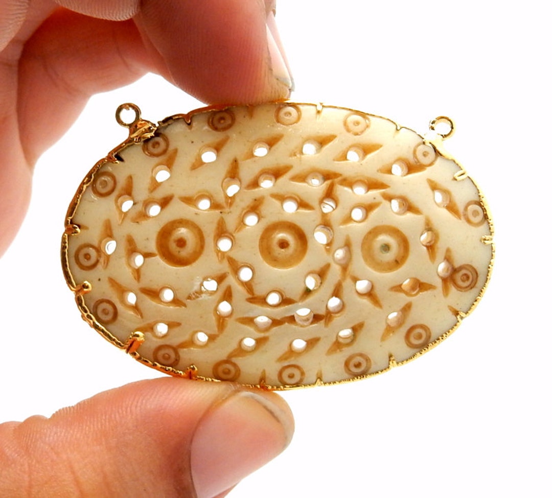 Oval Shaped Abstract Carved Bone Pendant With 24k Gold Electroplated ...