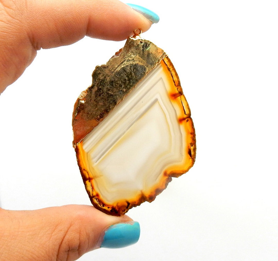 Tan/brown Freeform Agate Slice Pendant With Electroplated 24k Gold Side ...