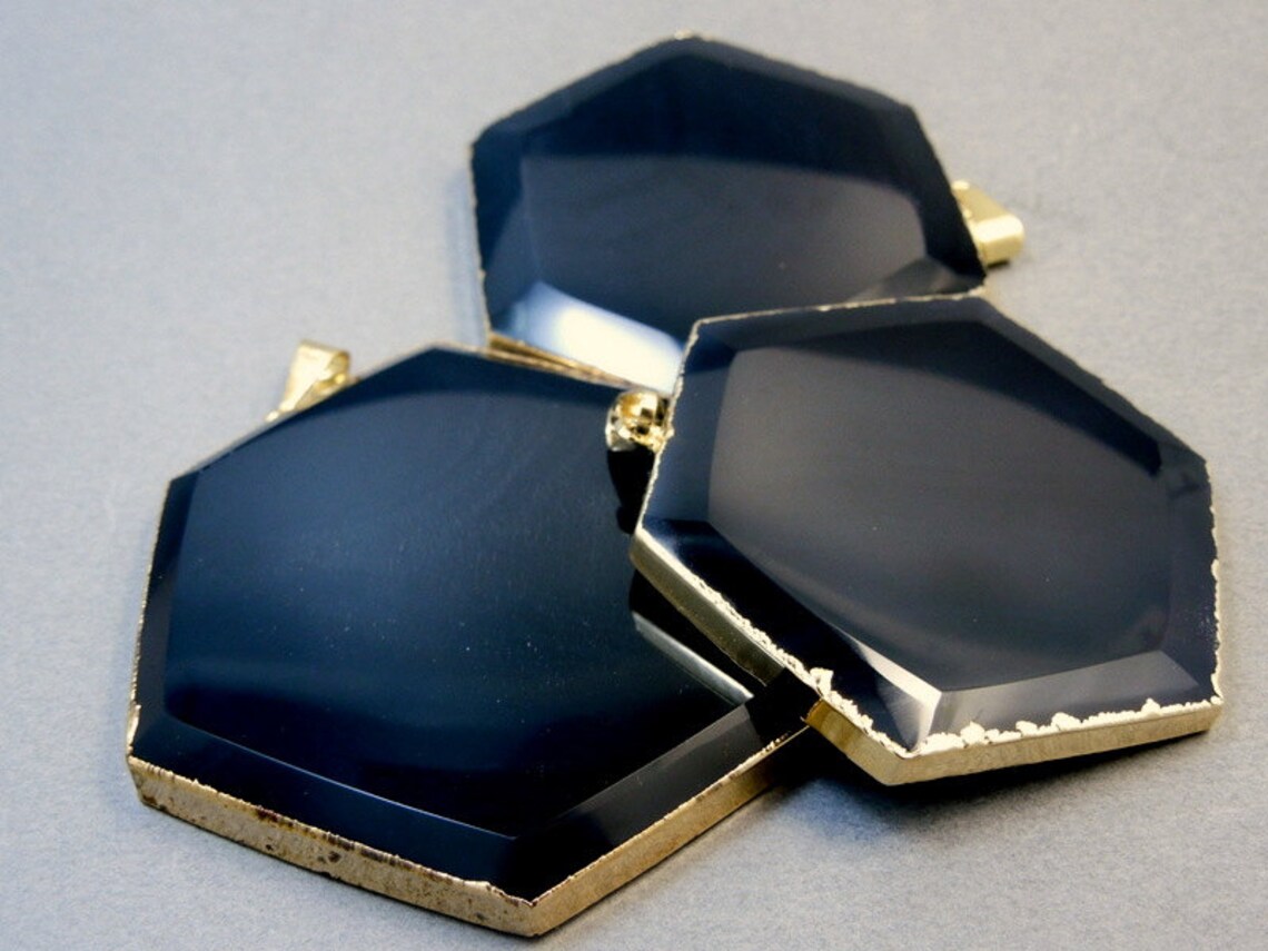 Large Black Agate Hexagon Pendant With 24k Gold Electroplated Edges ...