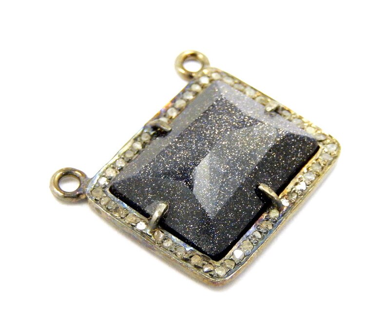 Pave Diamond Blue Goldstone Rectangle Double Bail Pendant Set | Etsy